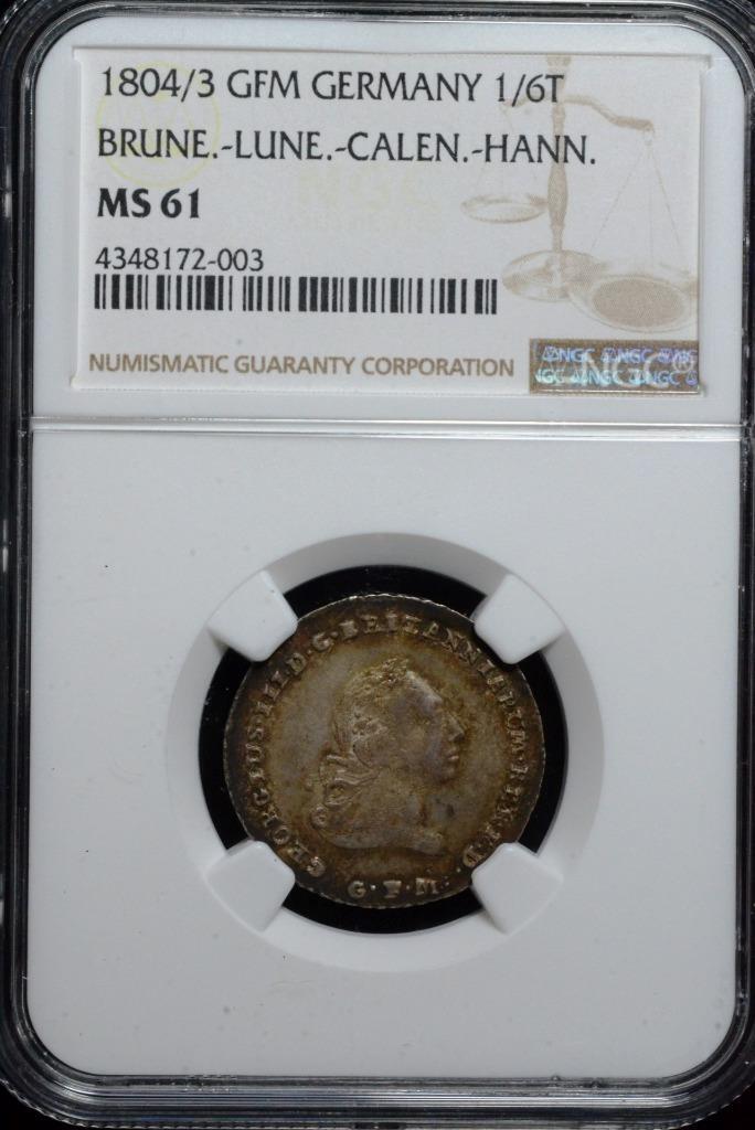 1804/3 GFM, German States, Brune-Lune-Calen-Hann, 1/6 Taler, NGC MS61 ...